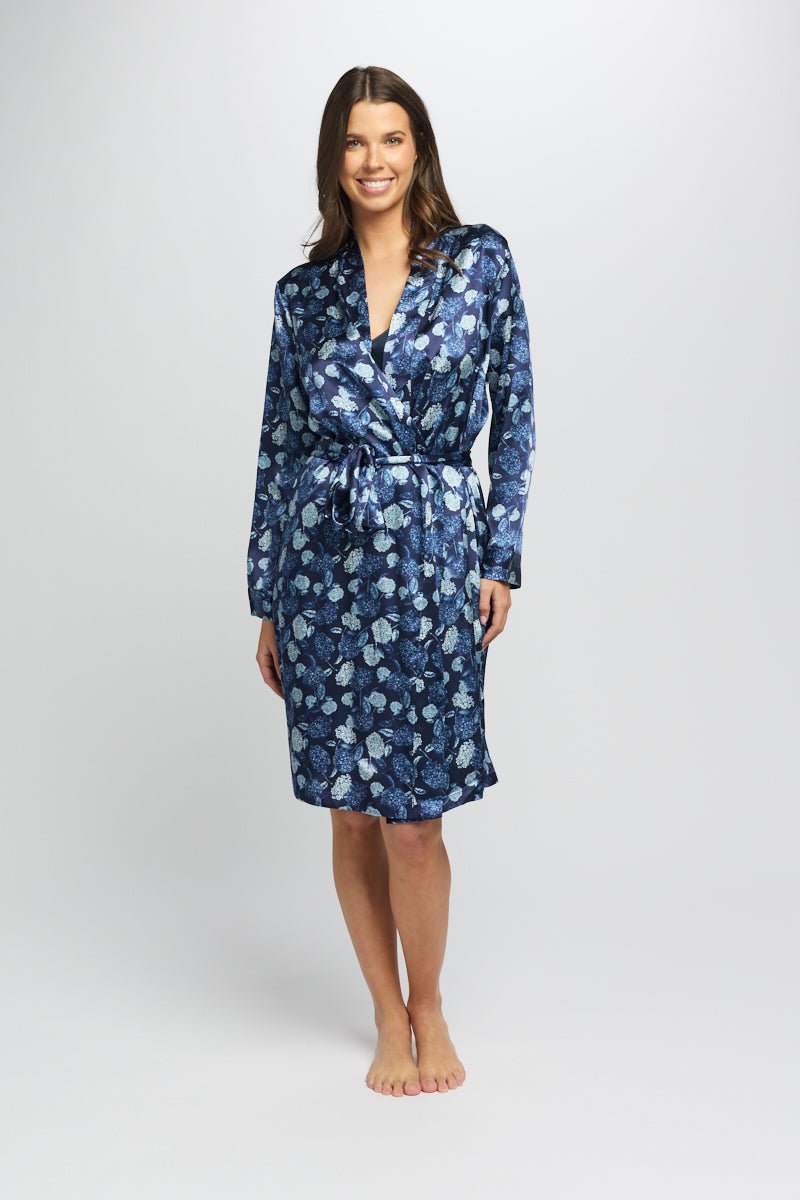 Silk Hydrangea Print Robe Azure Navy– The Foundation Lingerie
